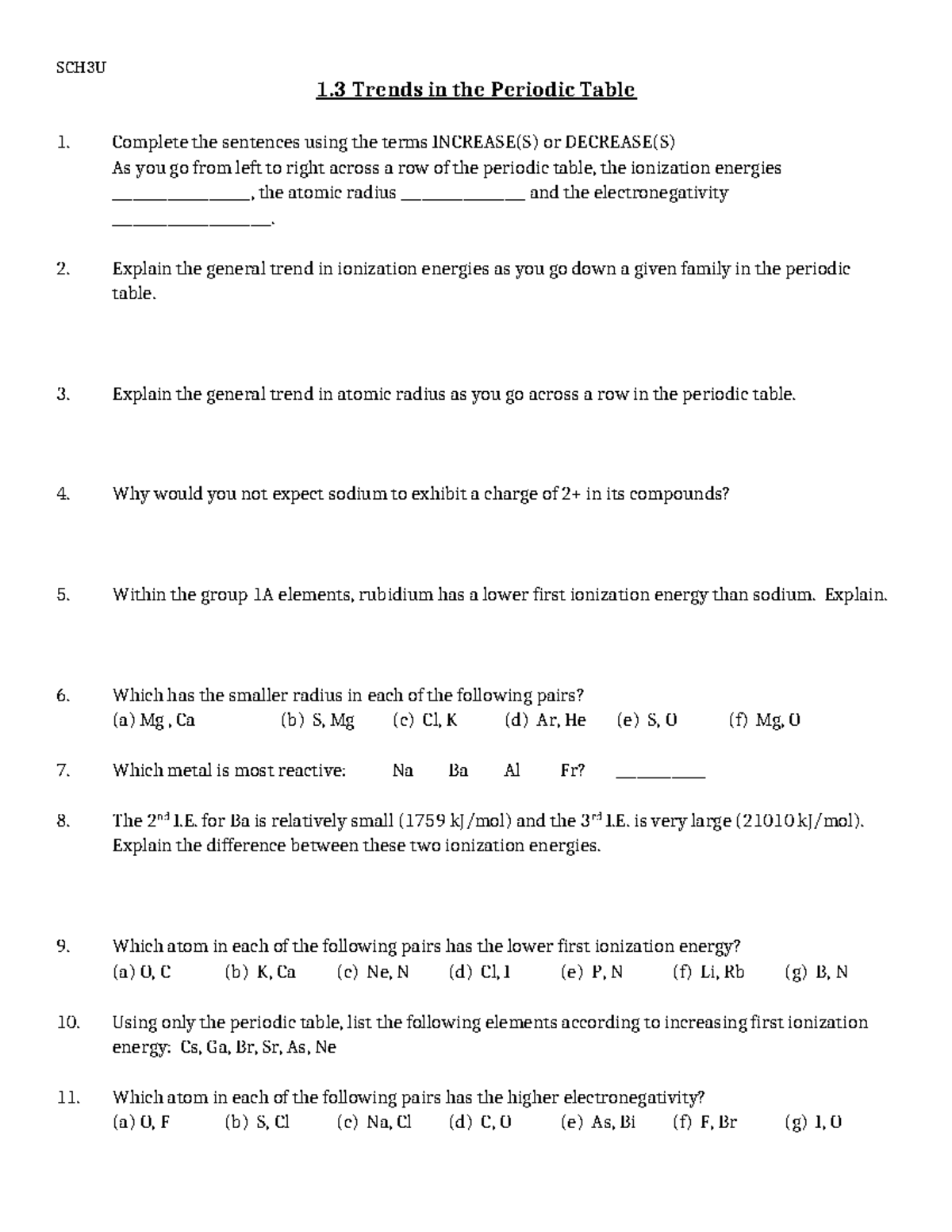 1.3 WS Trends in the Periodic Table - SCH3U 1 Trends in the Periodic ...