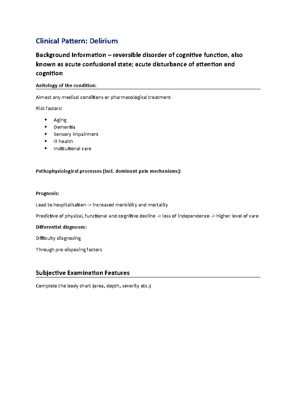 Clinical Pattern Template - Delirium - Clinical Pattern: Delirium ...