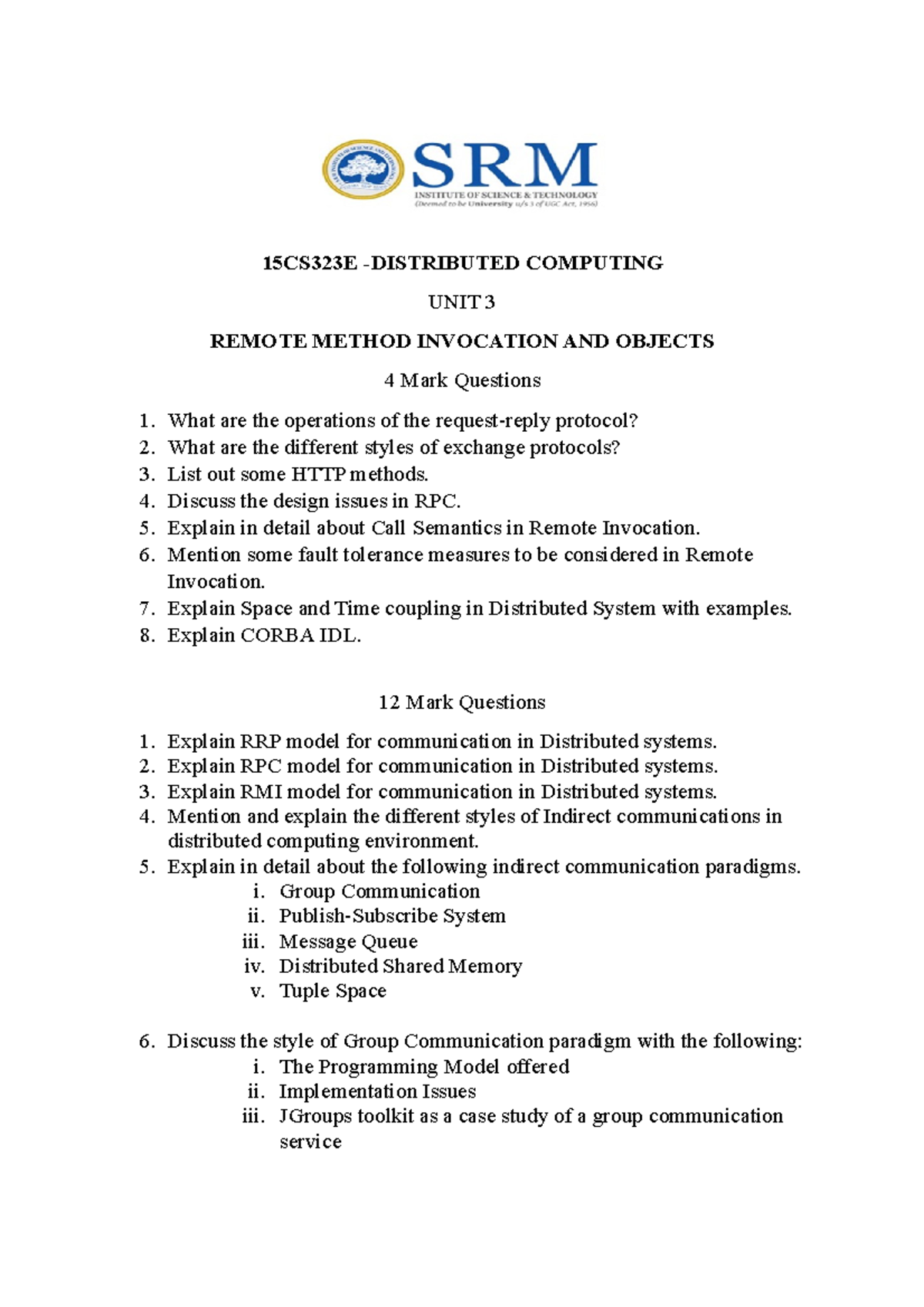 Question Bank-UNIT III - 15CS323E -DISTRIBUTED COMPUTING UNIT 3 REMOTE METHOD INVOCATION AND ...