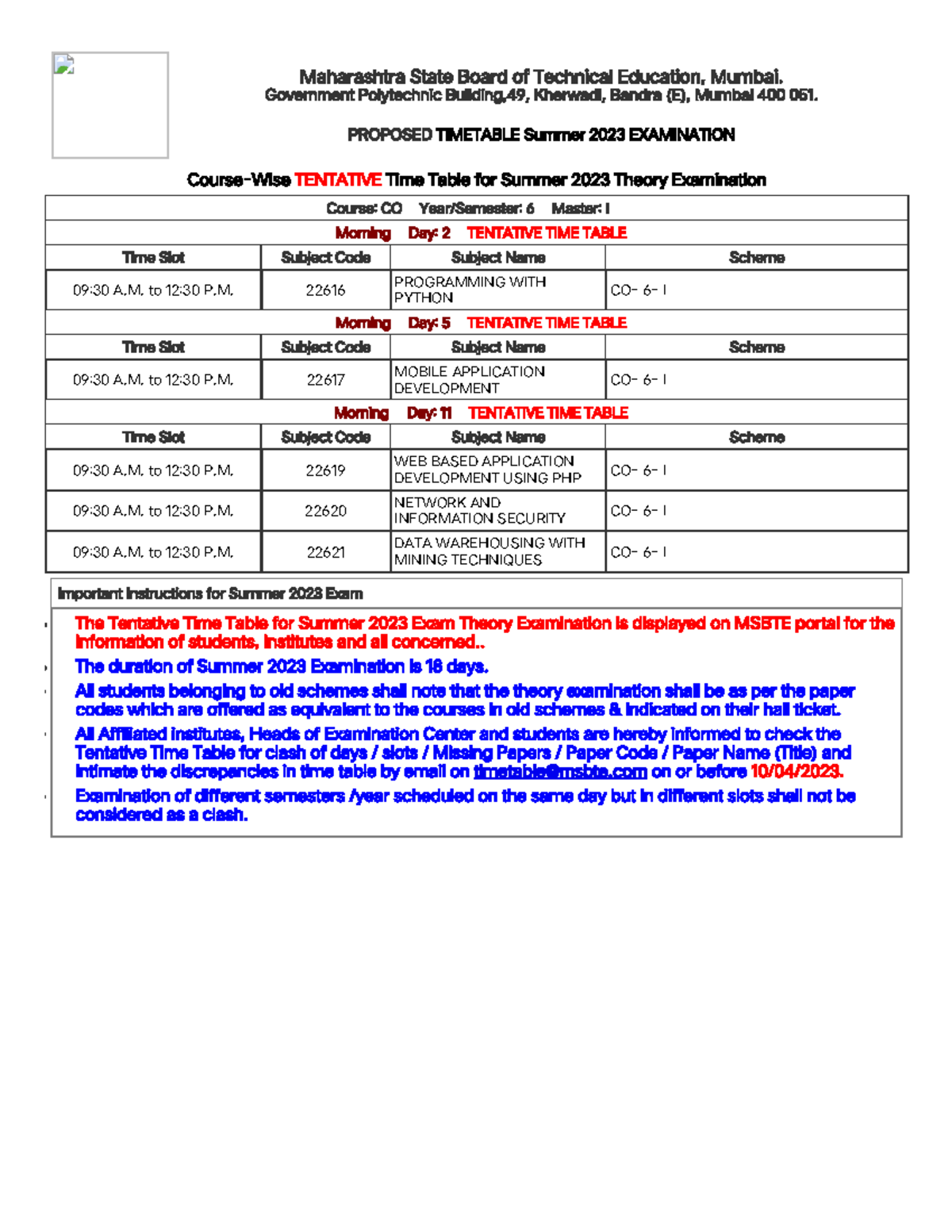 Tentative summer 2023 - computer engg - Maharashtra State Board of Technical Education, Mumbai ...