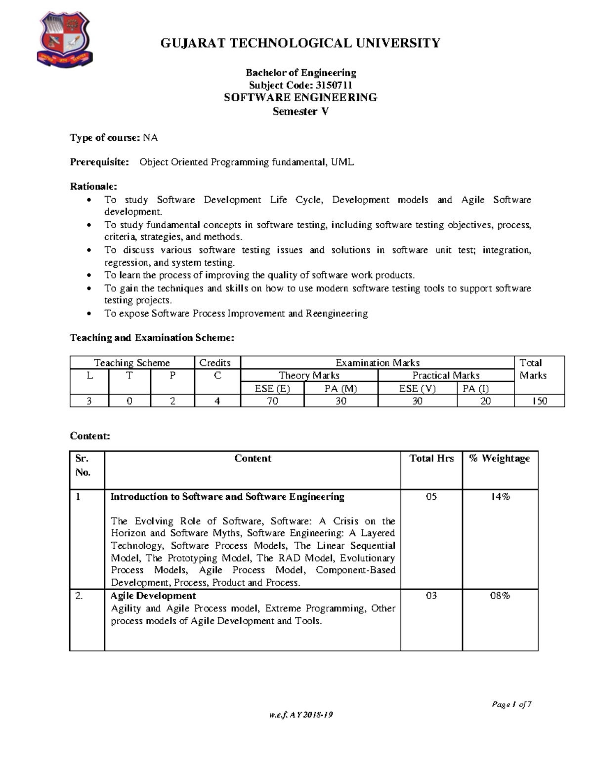 SE GTU Syllabus - Bachelor of Engineering Subject Code: 3150711 Page 1 ...