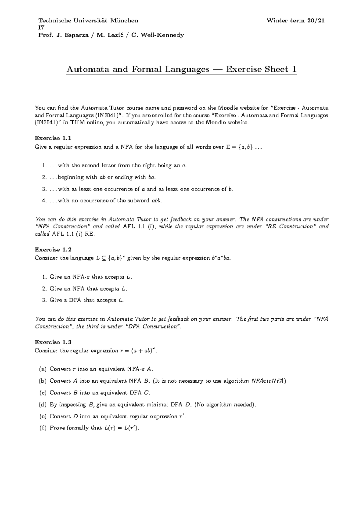 Exercise Sheet 1 (with Solutions) DFAs, NFAs, regular expressions ...