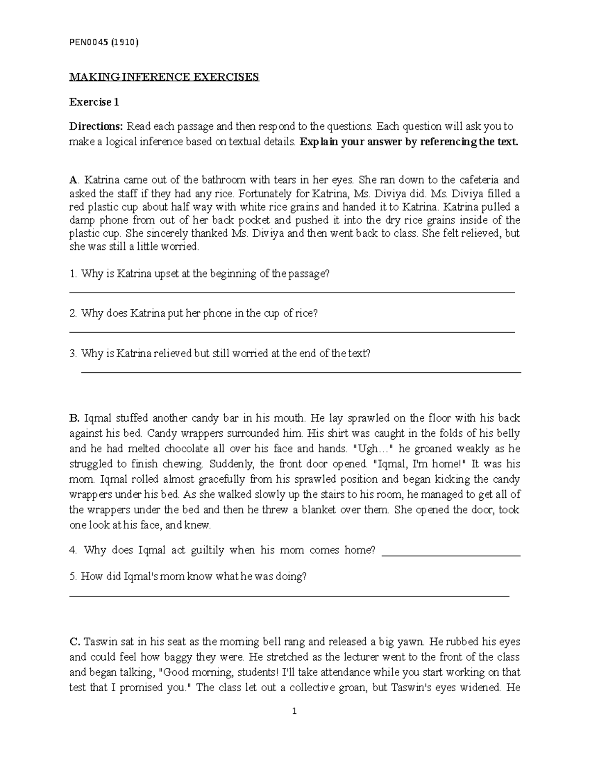 284947 PEN0045 (1910) Inferences EX MMLS - MAKING INFERENCE EXERCISES Exercise 1 Directions ...