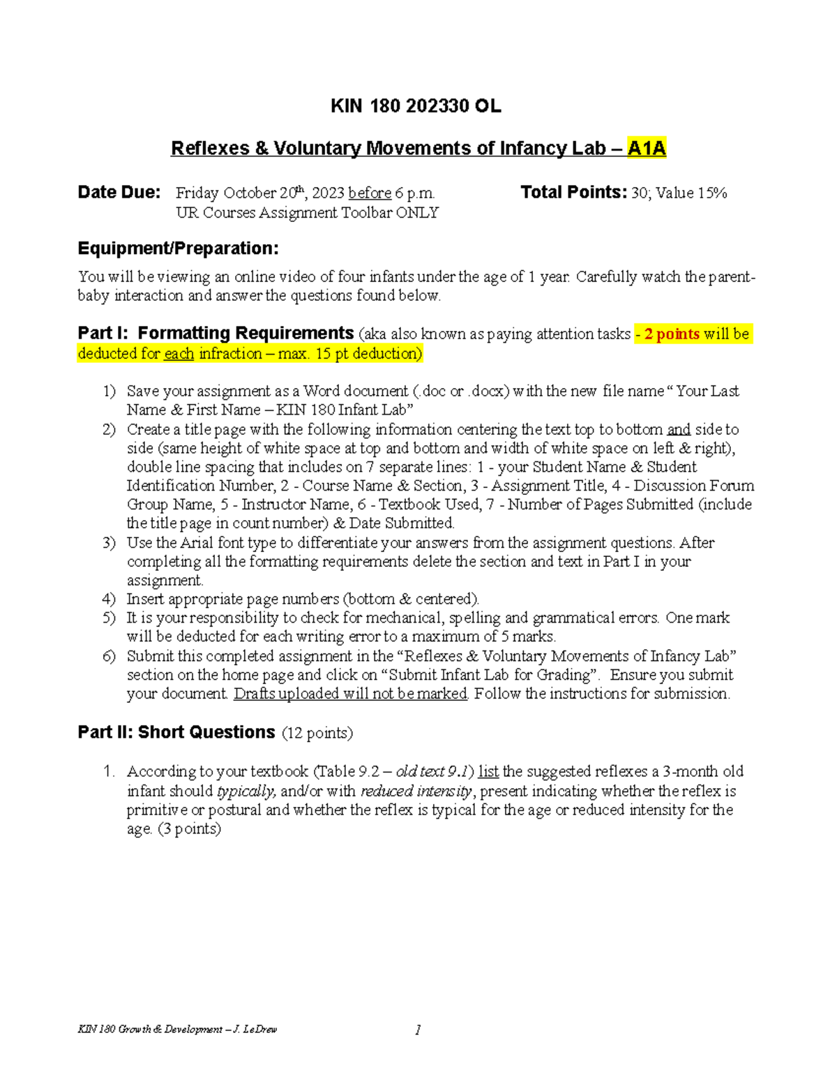 Infant Reflex Lab - KIN 180 202330 OL Reflexes & Voluntary Movements of ...