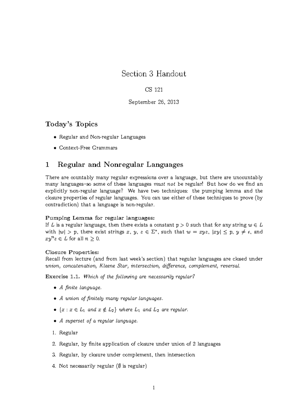 Regular and non regular languages eamples - Section 3 Handout CS 121 ...