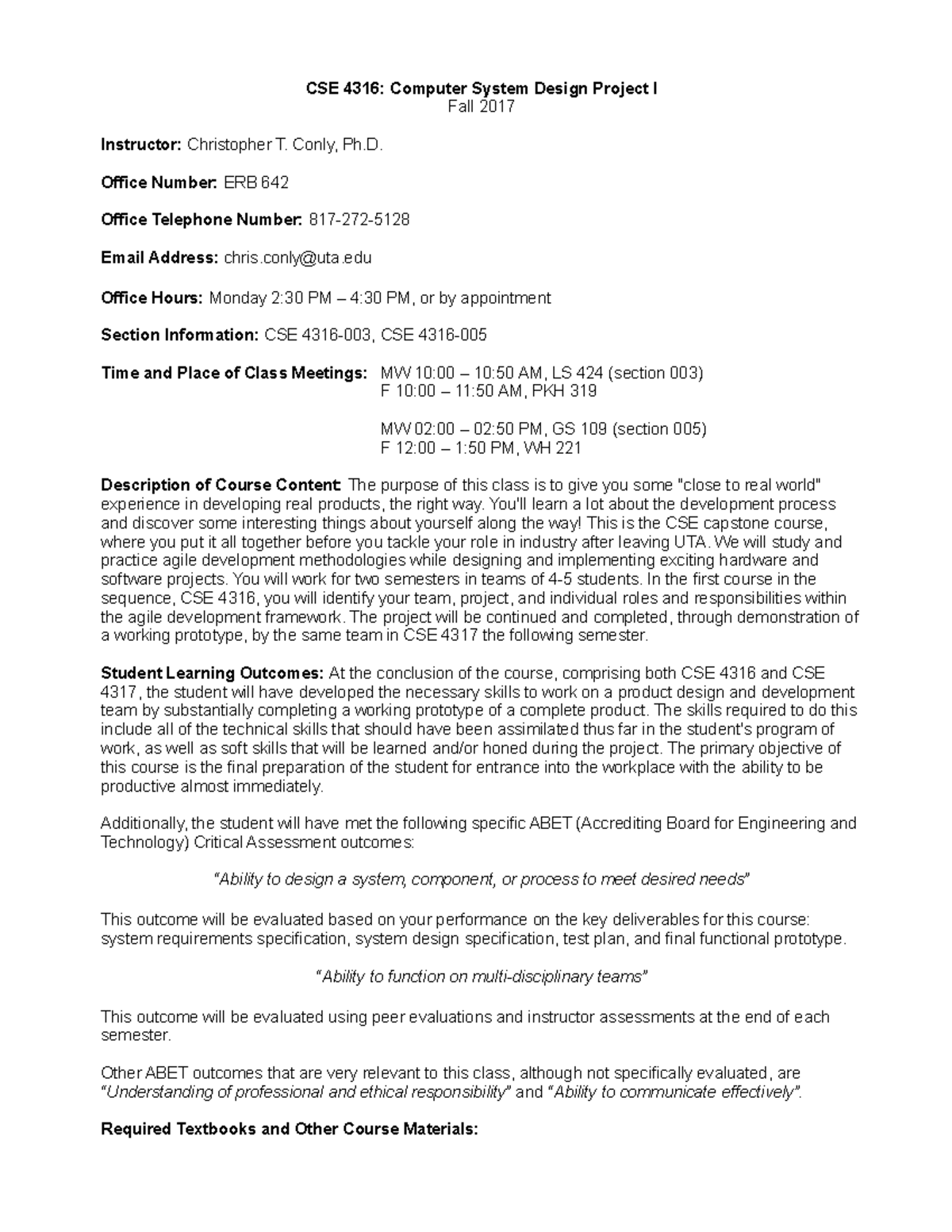 4316 syllabus - CSE 4316: Computer System Design Project I Fall 2017 ...