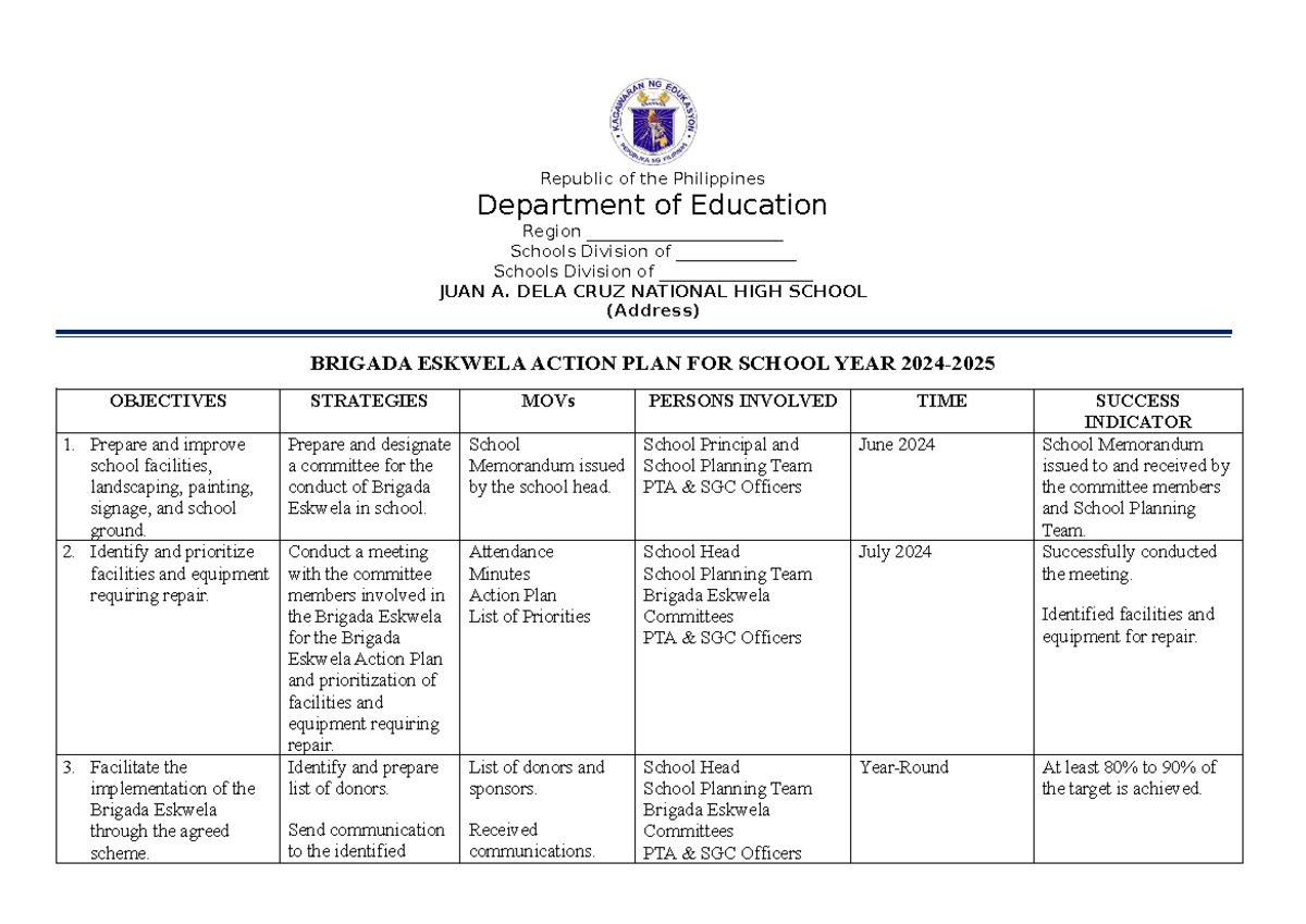 Sample Action Plan - Template - Republic of the Philippines Department ...