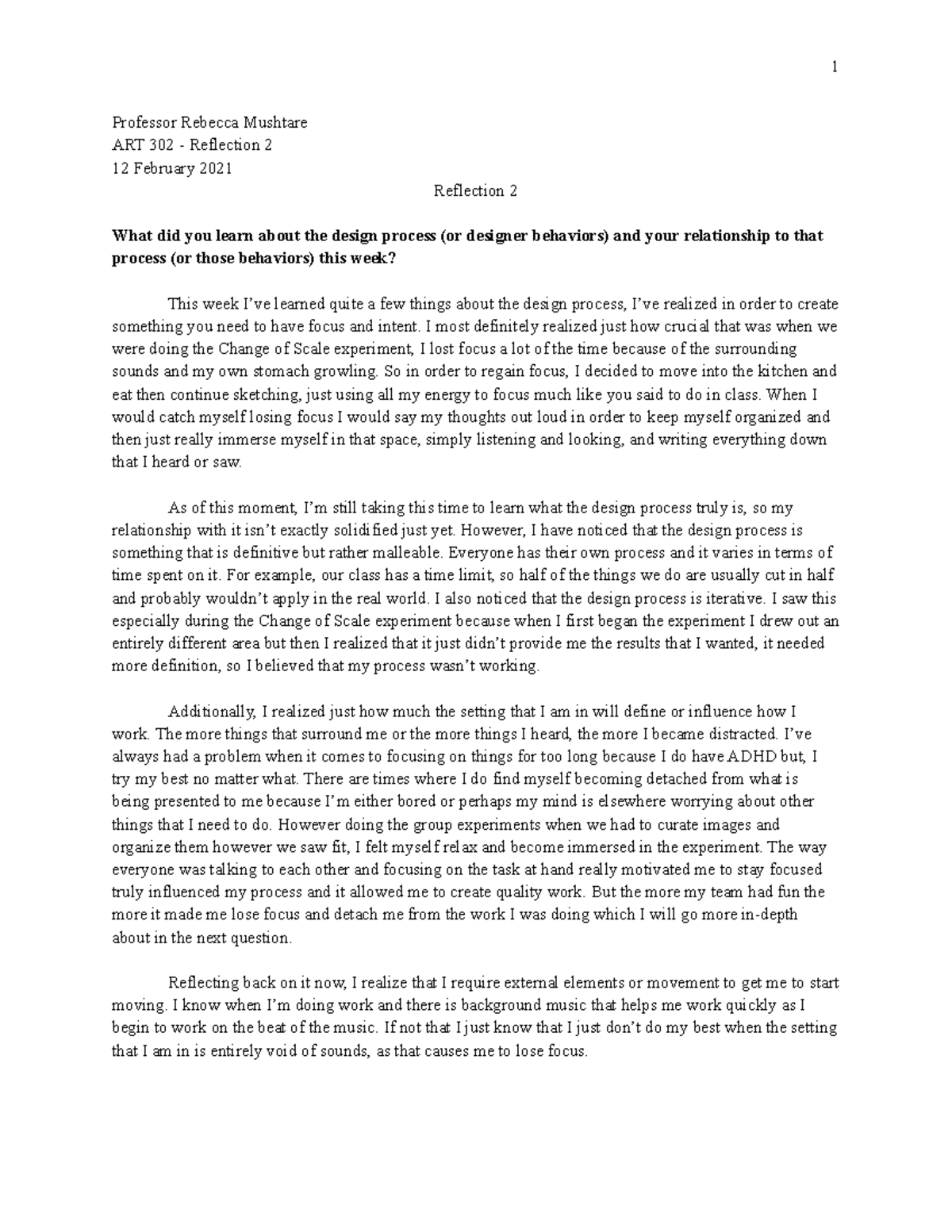 302 reflection 2 sp21 - Refelction 2 - 1 Professor Rebecca Mushtare ART ...