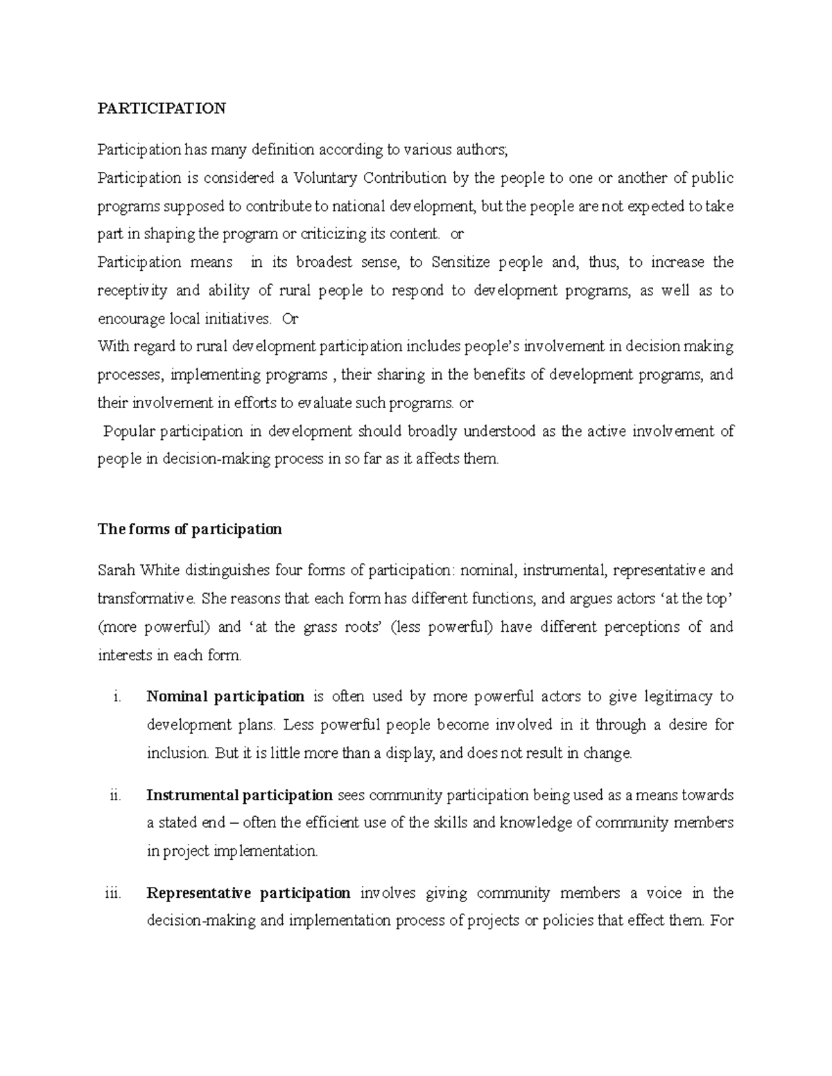 Community - Please read - PARTICIPATION Participation has many ...