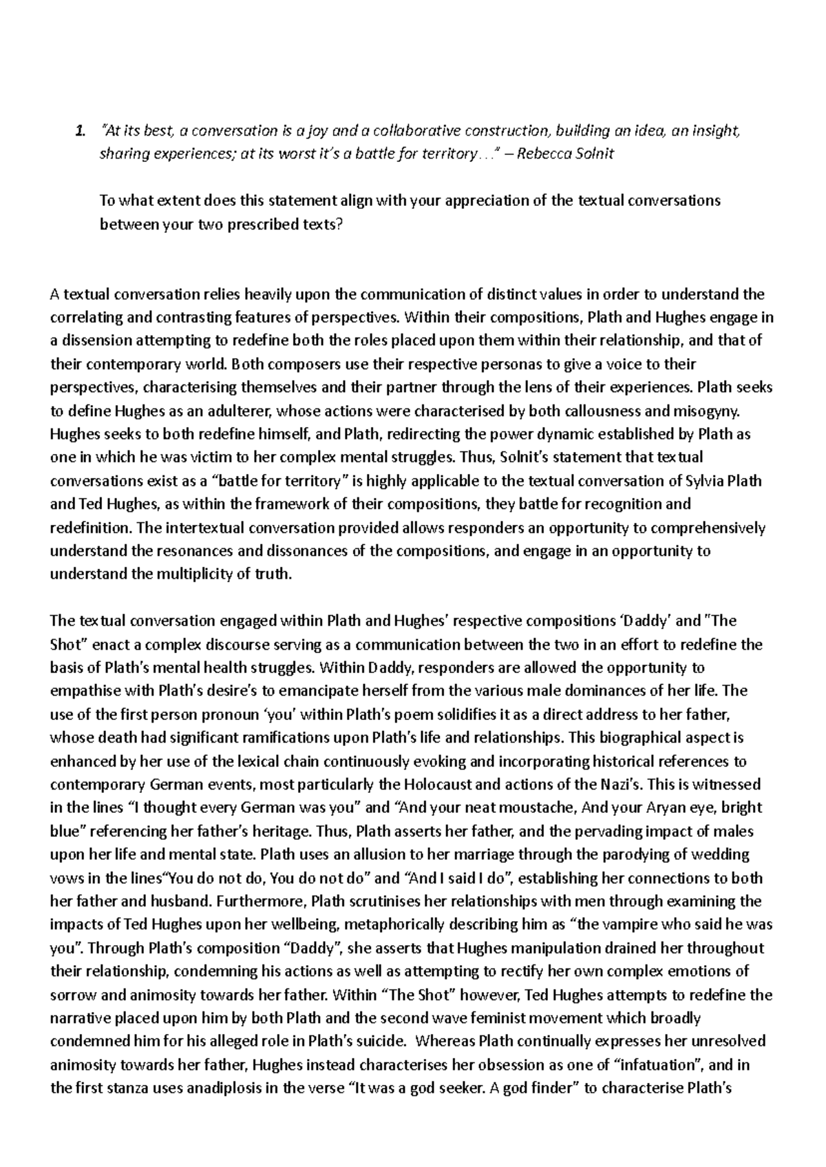 Practice Essay Questions Plath and Hughes - “At its best, a ...