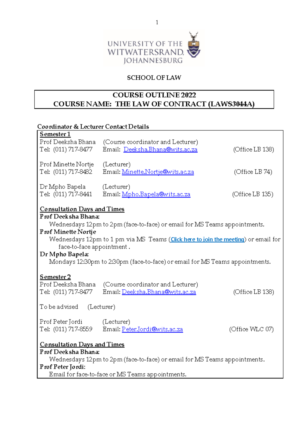 1 LLB Contracts Course Outline 2022 Final - SCHOOL OF LAW COURSE ...