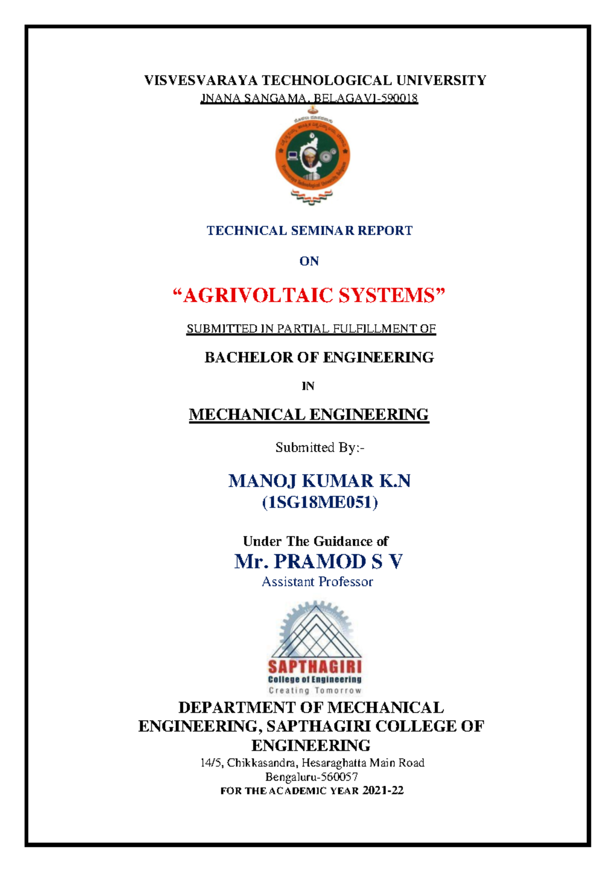 1SG18ME051 Seminar Report - VISVESVARAYA TECHNOLOGICAL UNIVERSITY JNANA ...