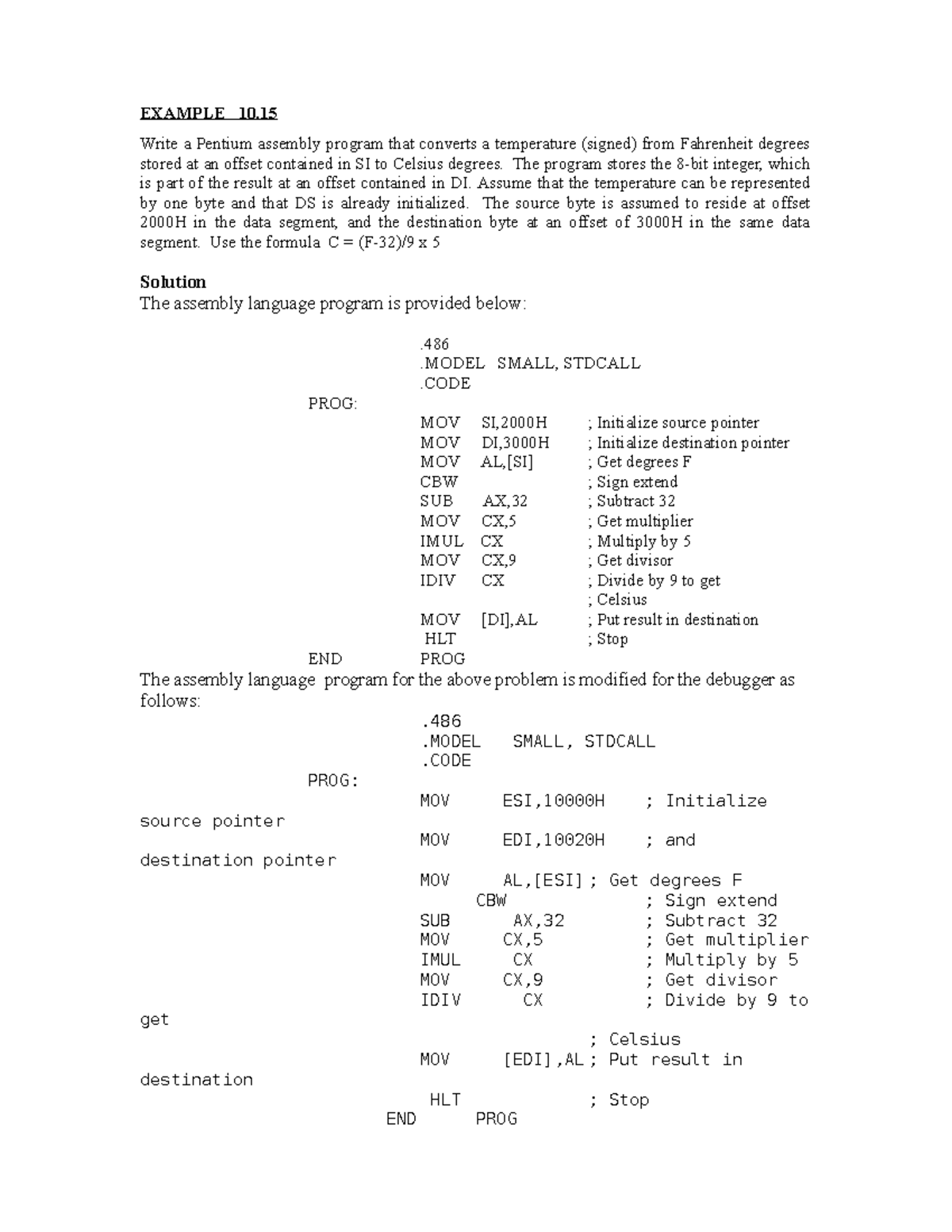 Ex 10.15 - Solution - EXAMPLE 10. Write a Pentium assembly program that converts a temperature ...
