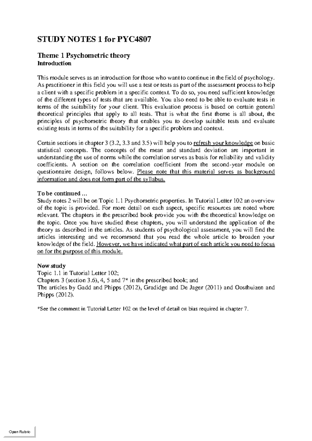 Study Notes 1 for PYC4807 - STUDY NOTES 1 for PYC Theme 1 Psychometric ...