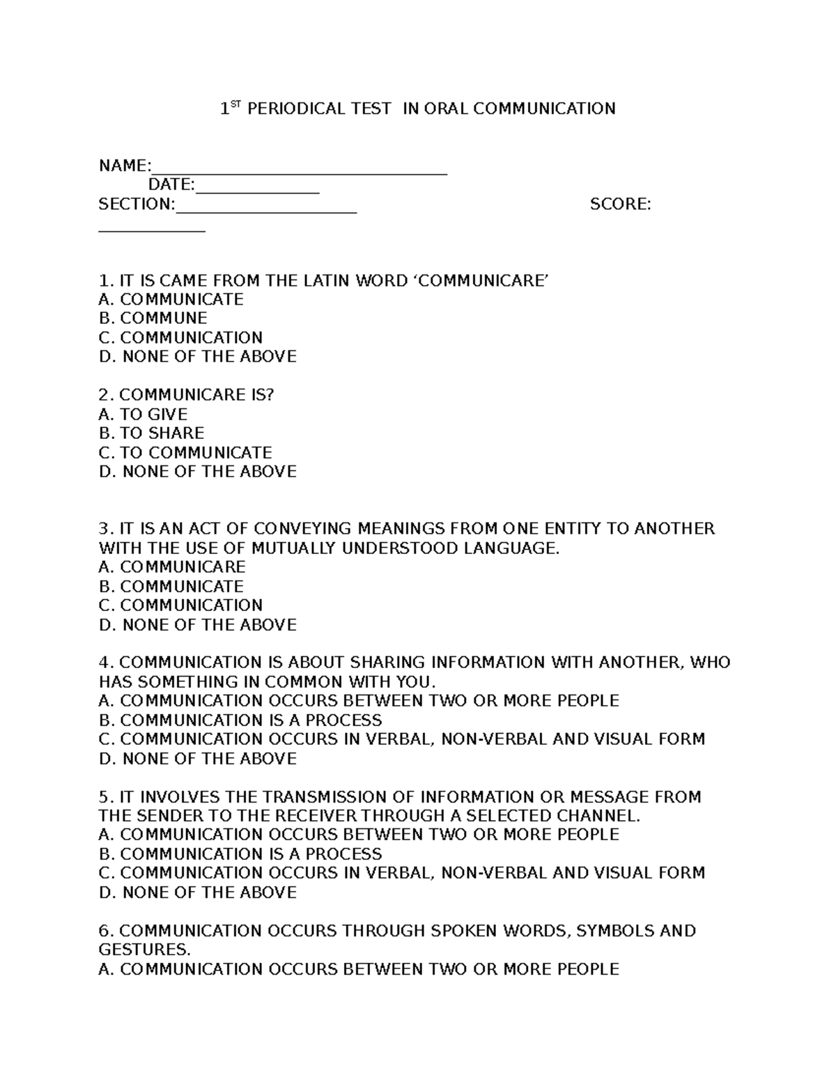 1ST Periodical Examination IN ORAL Communication - 1 ST PERIODICAL TEST ...