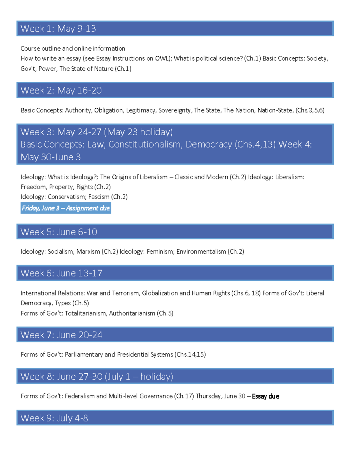 PS Schedule - Week 1: May 9- Course outline and online information How ...