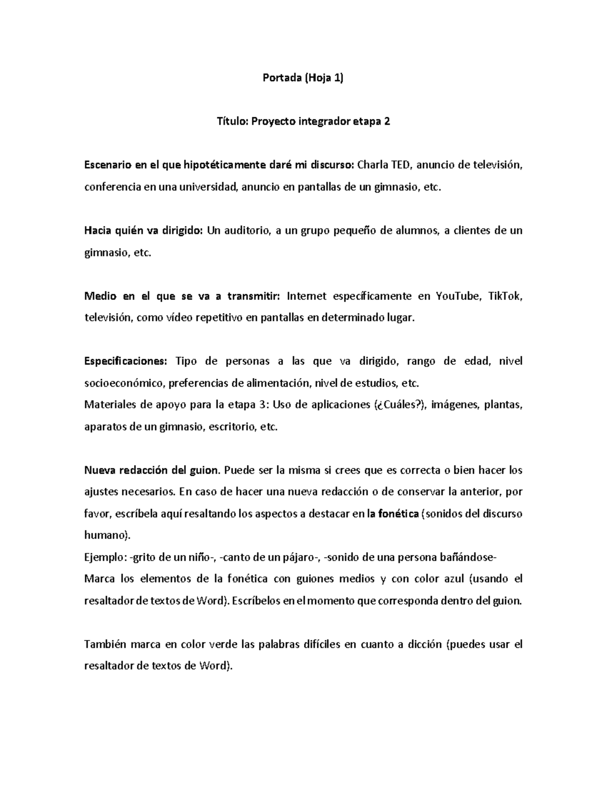 Recomendaciones para la Etapa 2 del proyecto integrador - Portada (Hoja ...