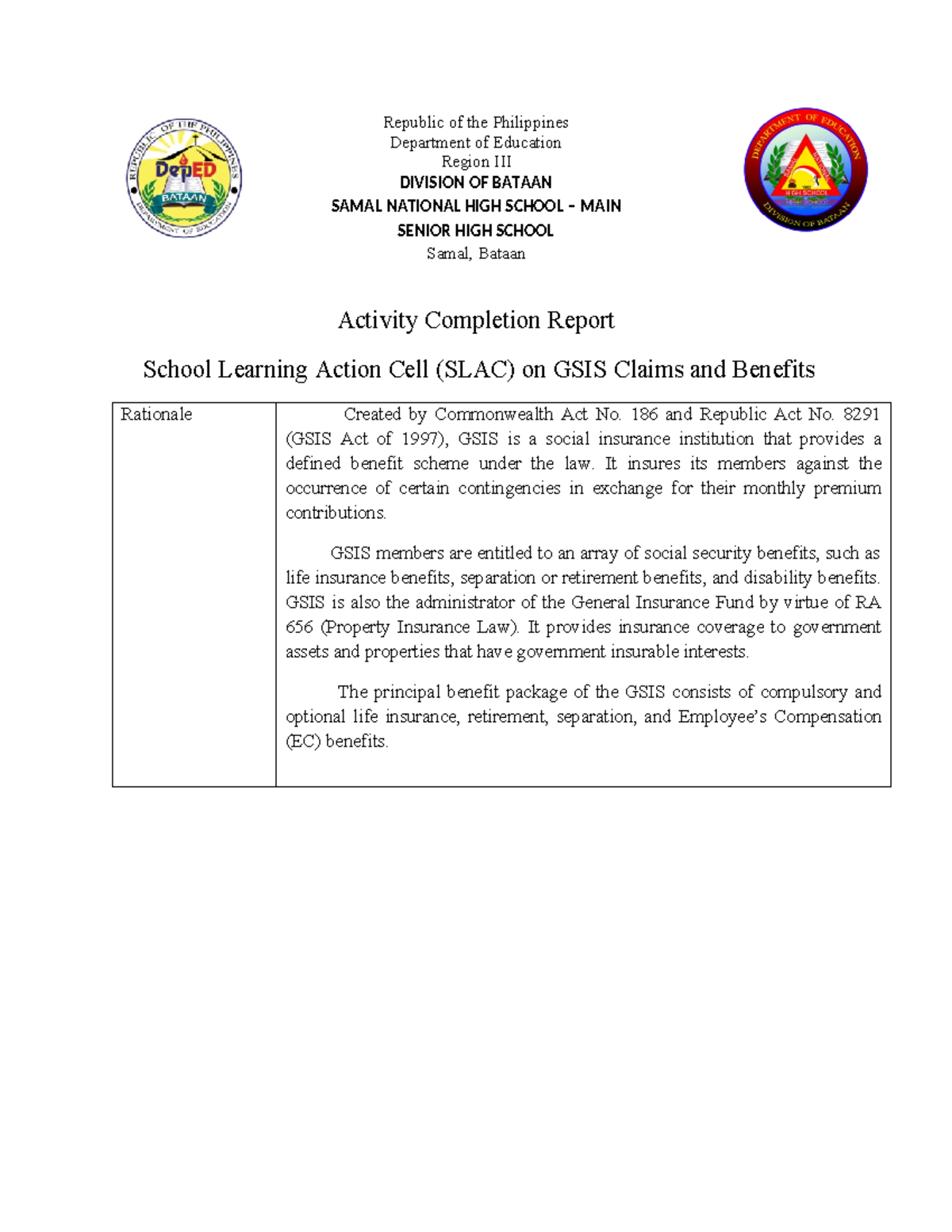 ACR of SLAC on GSIS - eapp materials - Republic of the Philippines Department of Education ...