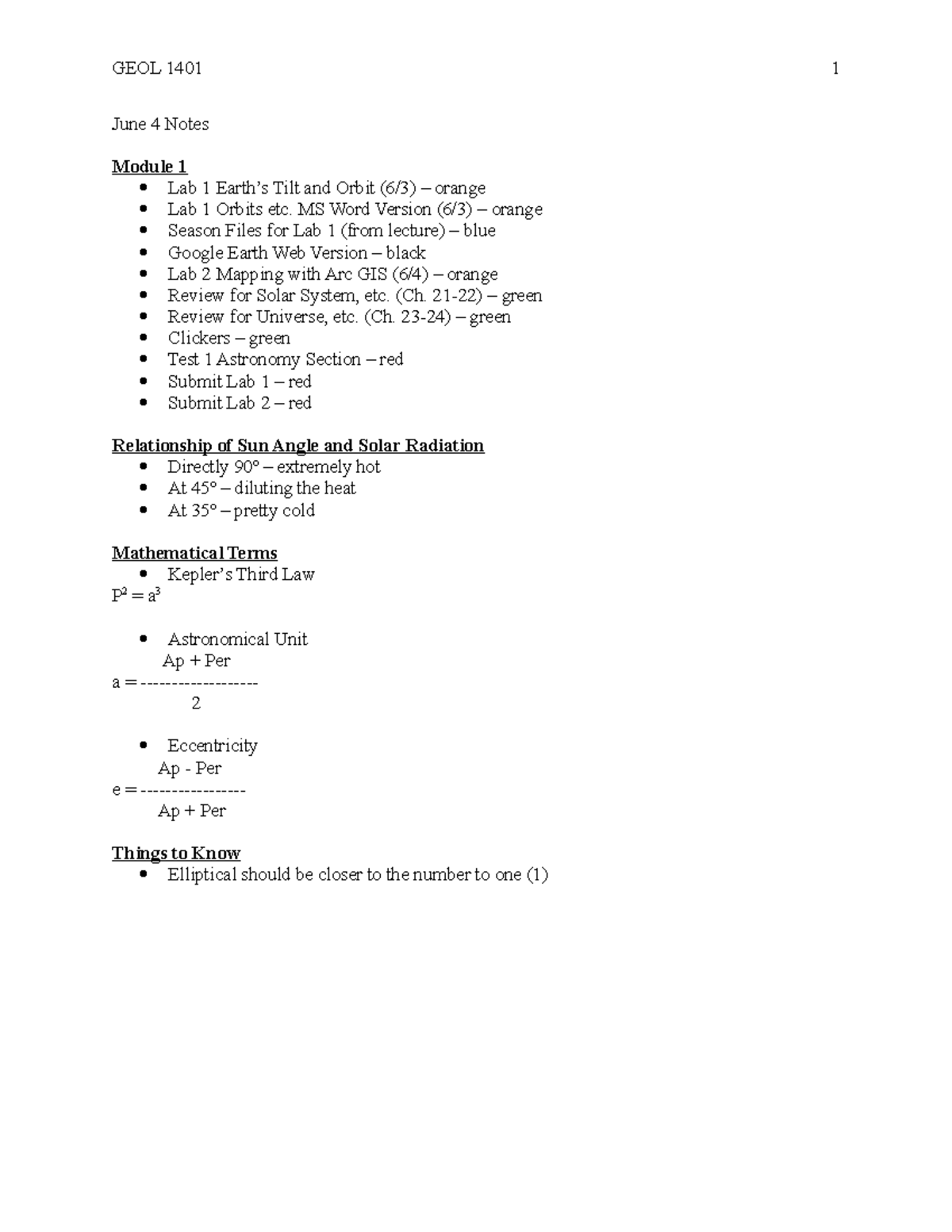 Geol June 4 Notes - GEOL 1401 June 4 Notes Module 1 Lab 1 Earth’s Tilt ...