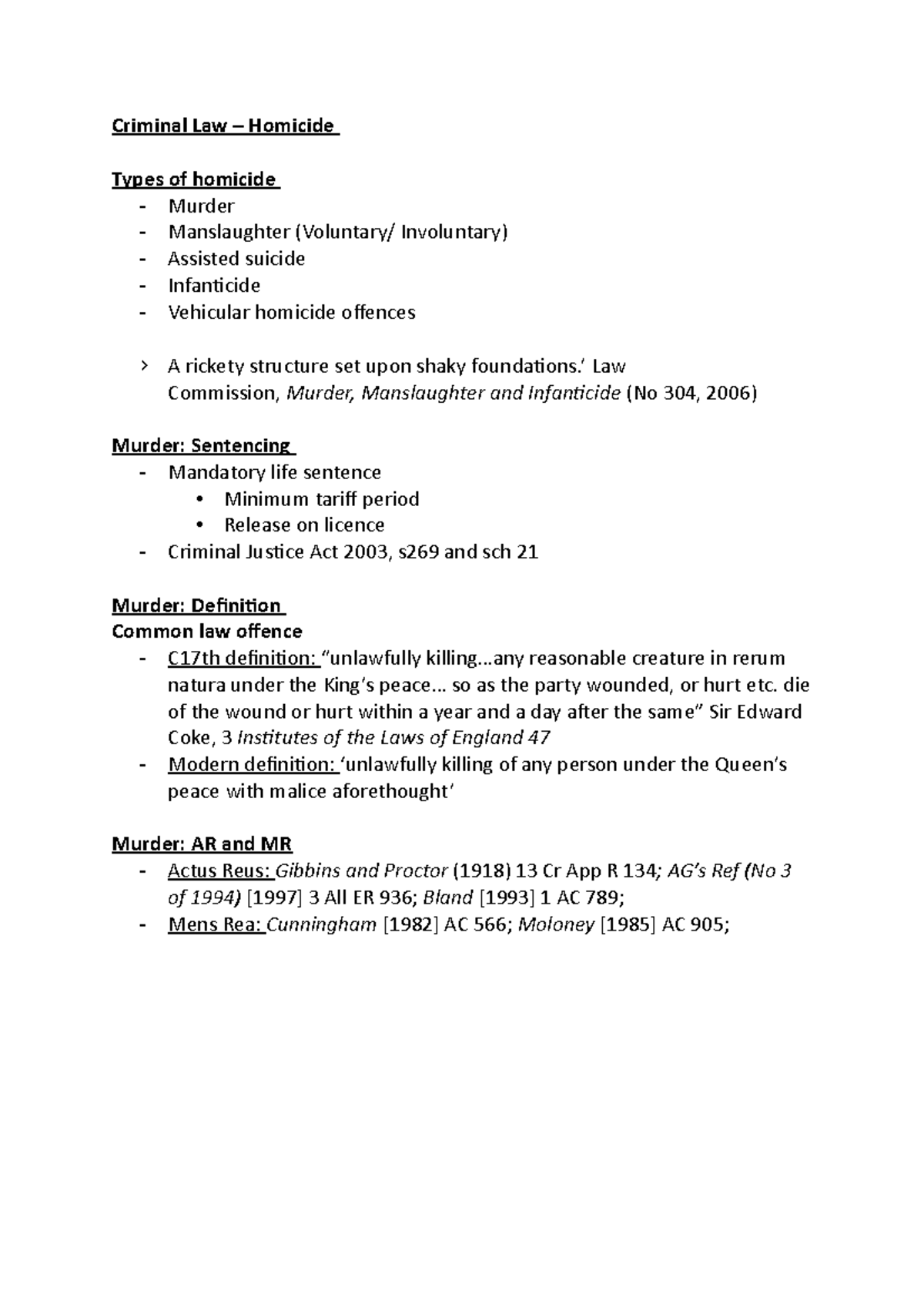 Criminal Law - Homicide - Criminal Law – Homicide Types of homicide ...