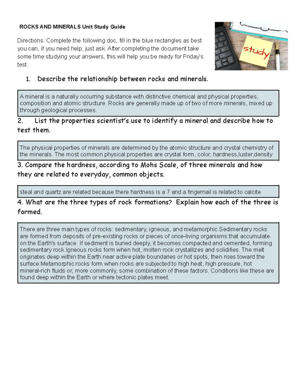 Rocks AND Minerals Unit Study Guide - ROCKS AND MINERALS Unit Study ...