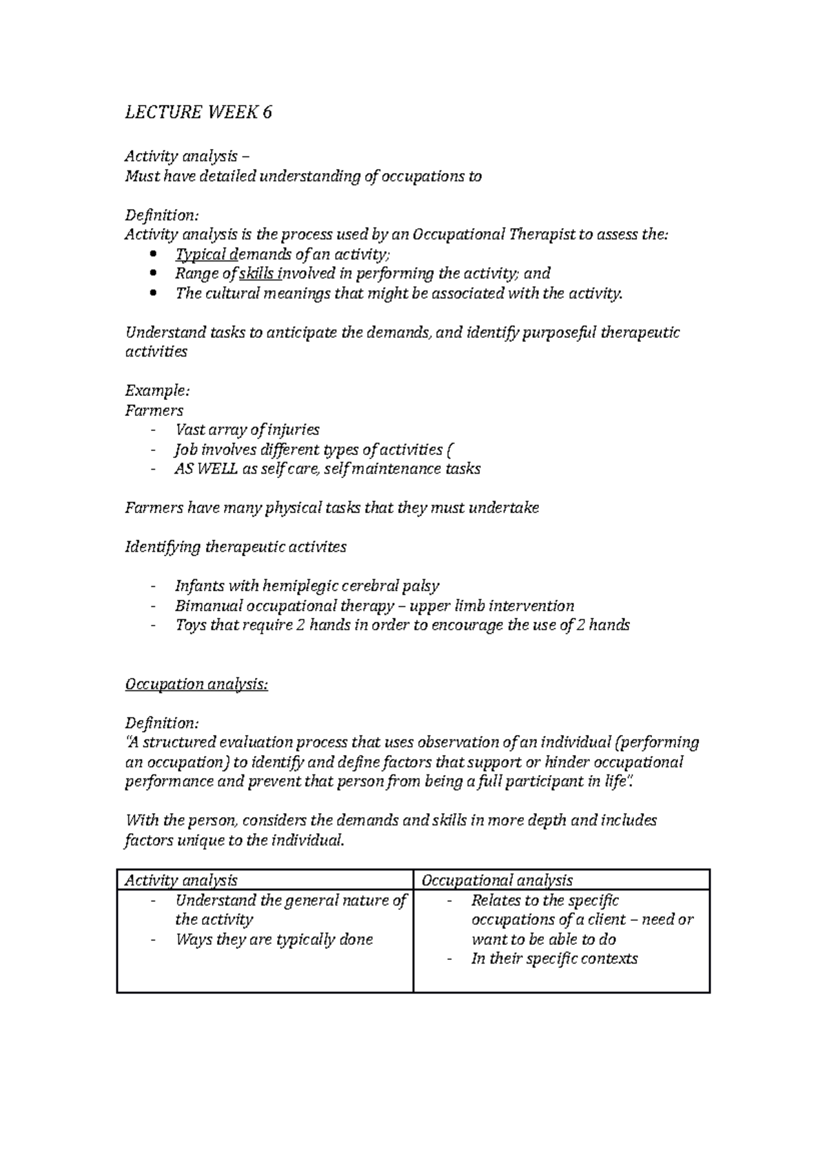 Lecture WEEK 6 - LECTURE WEEK 6 Activity analysis – Must have detailed understanding of ...