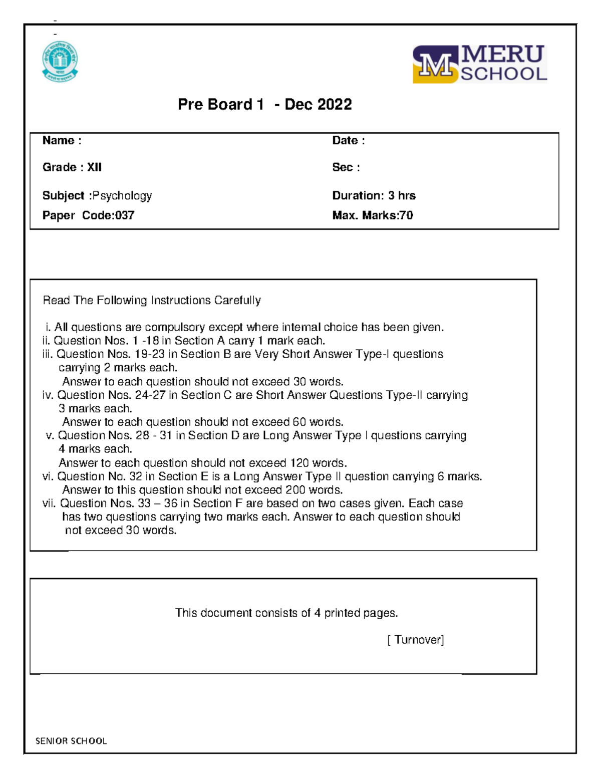 Gr 12 Psy Pre Board 1set 1 - Pre Board 1 - Dec 2022 Read The Following I n struct i on s ...