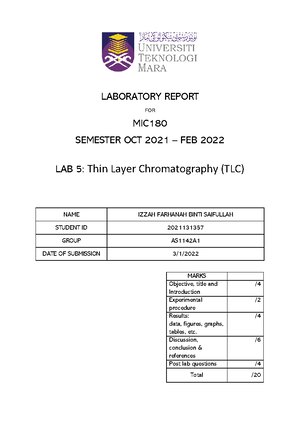 LAB Report 1 MIC180 - LABORATORY REPORT FOR MIC SEMESTER OCT 2022 – FEB ...