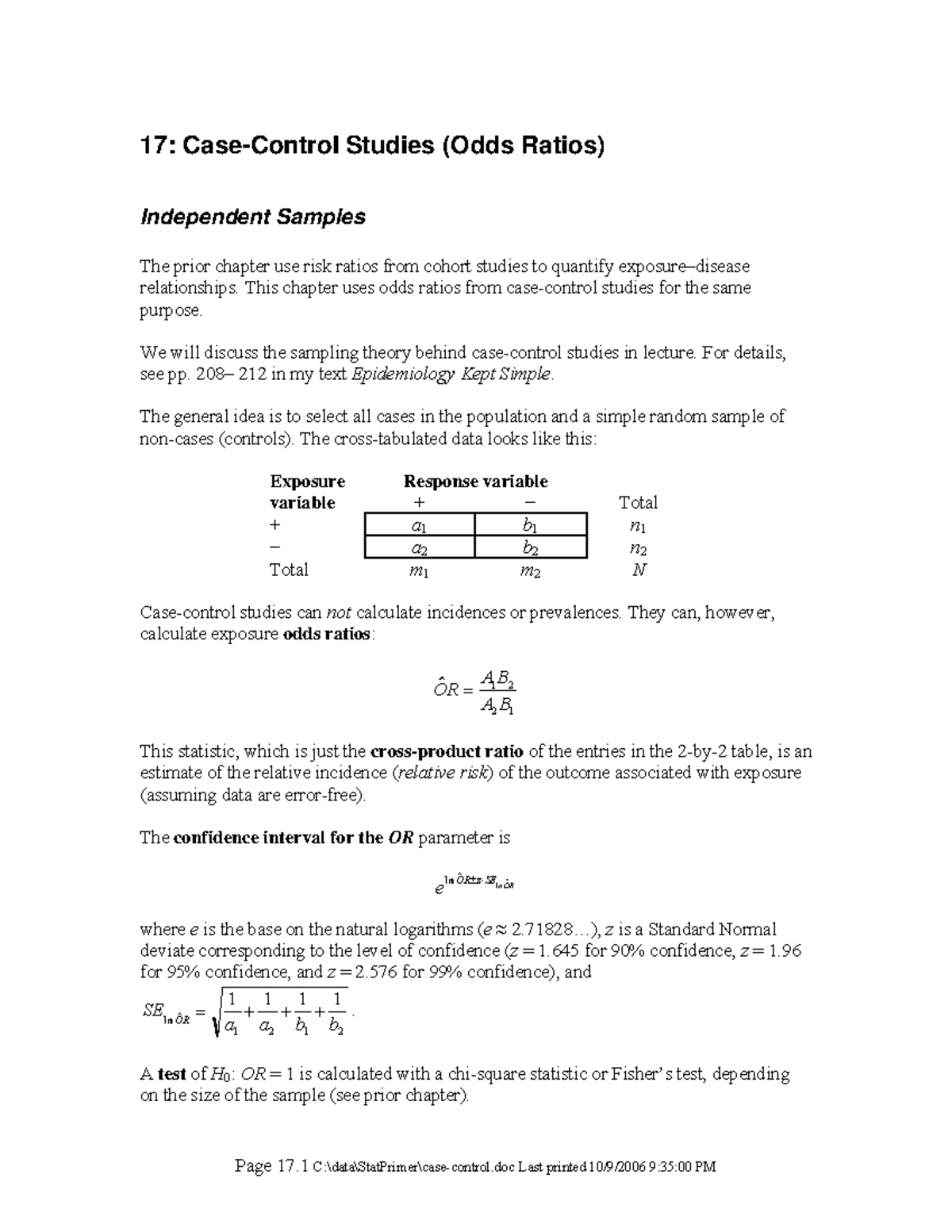 Case-control - Lecture handouts - 17: Case-Control Studies (Odds Ratios ...