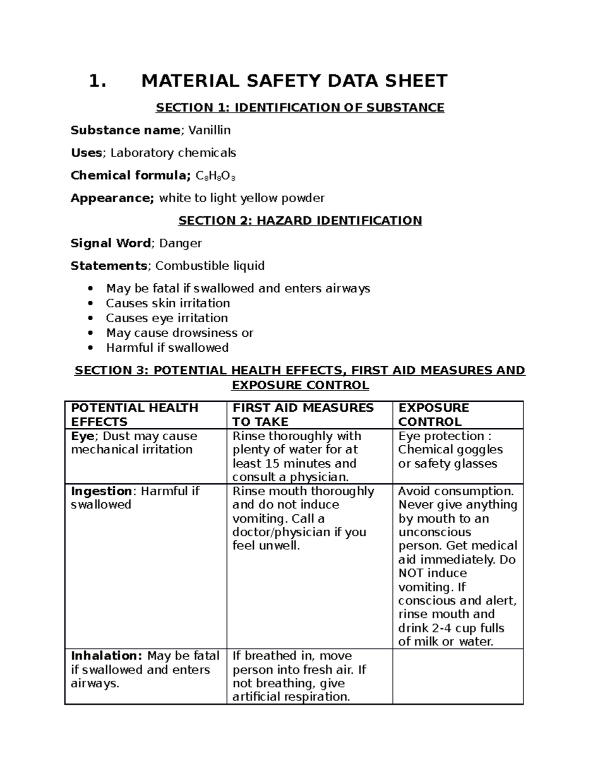 Material Safety DATA Sheet - 1. MATERIAL SAFETY DATA SHEET SECTION 1 ...
