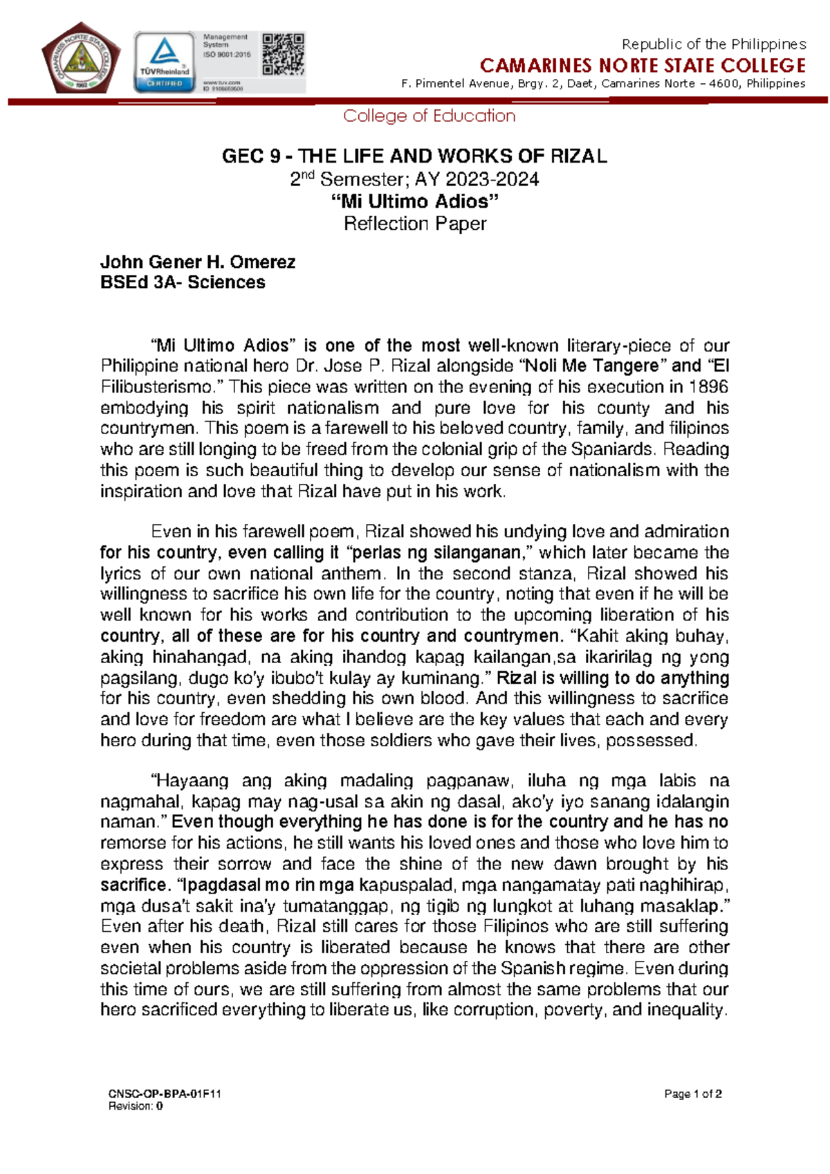 Reflection Paper Rizal - GEC 9 - THE LIFE AND WORKS OF RIZAL 2 nd ...