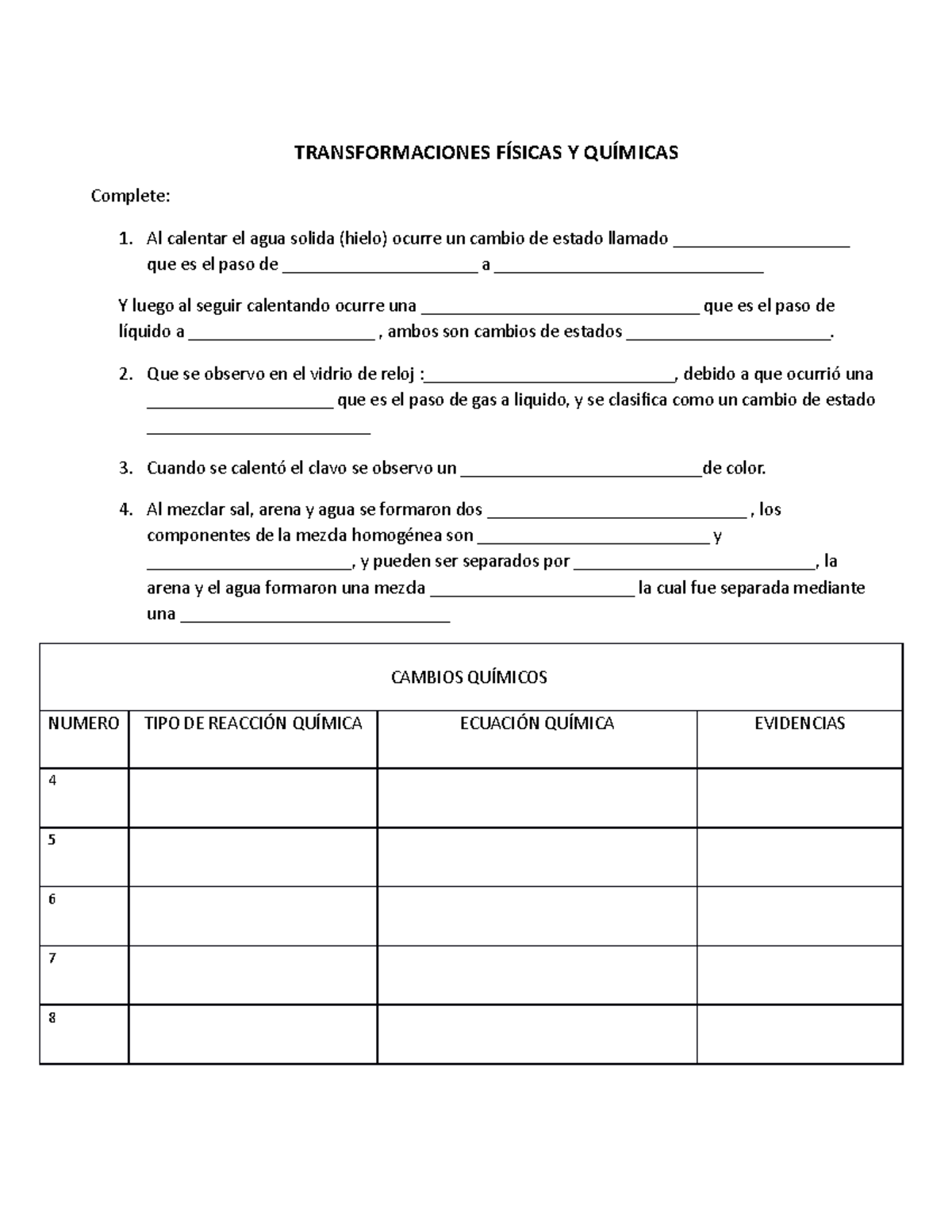Cambios fisicos y quimicos, hoja de evaluacion - TRANSFORMACIONES ...