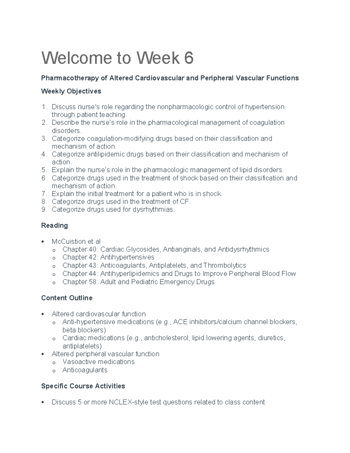 Welcome to Week 6 - Glance Ahead - Welcome to Week 6 Pharmacotherapy of ...