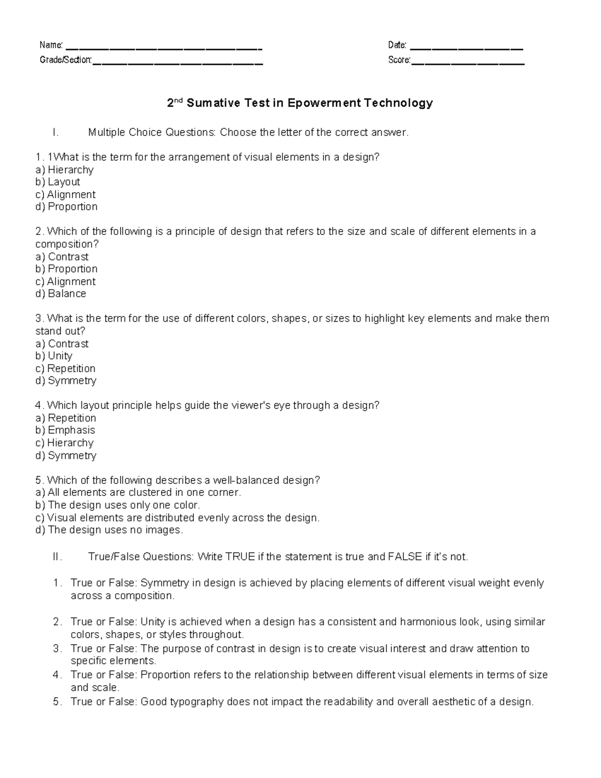 2nd summative test Em Tech - Name ...