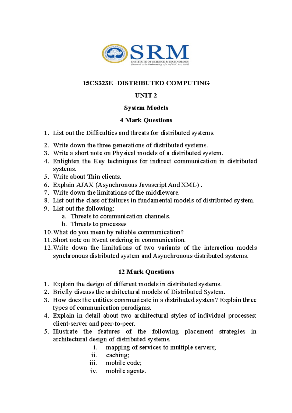Question Bank Unit Ii Distributed Computing 15cs323e Distributed Computing Unit 2 System