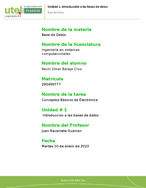 Actividad 2 Base de Datos - Base de Datos Nombre de la materia Base de Datos Nombre de la - Studocu