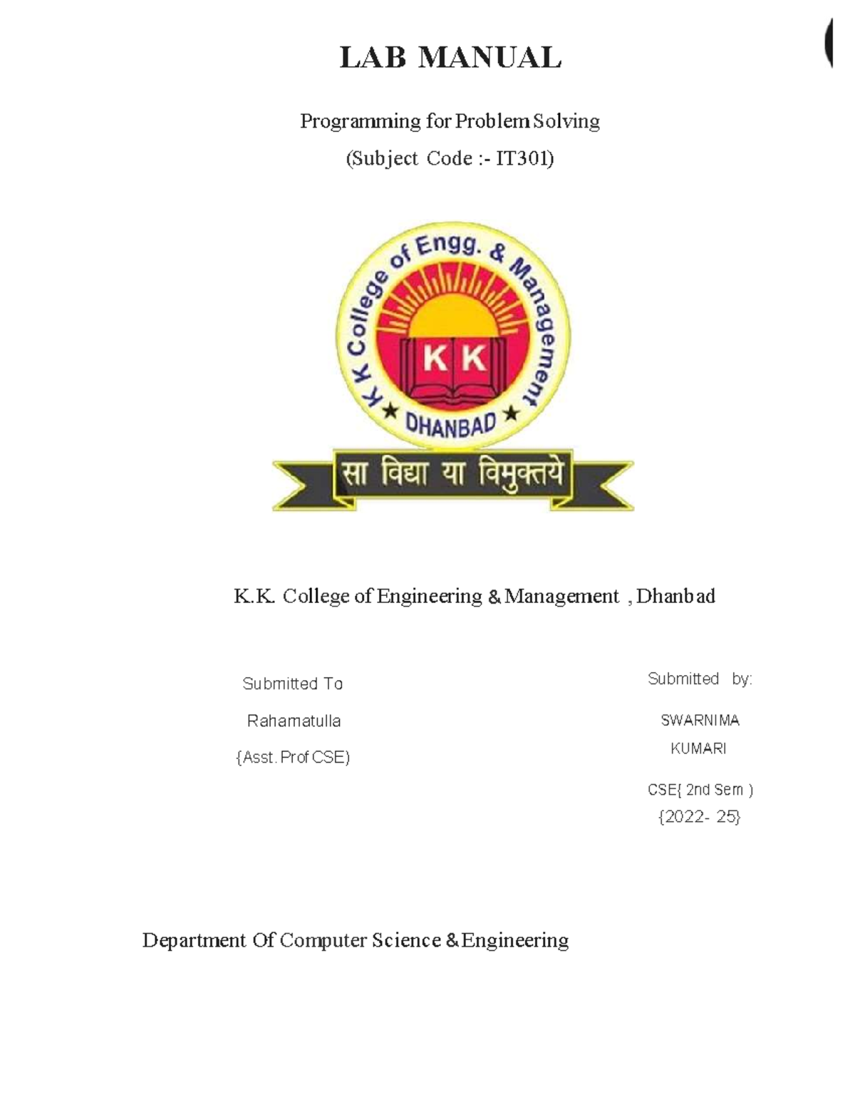 SWAR OOPS Front - Summary Computer Networks - LAB MANUAL Programming for Problem Solving ...