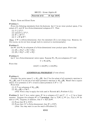 Tutorial 4 Questions - practice linier algebra - MH1201 - Linear Algebra II Tutorial #4 14 Feb ...