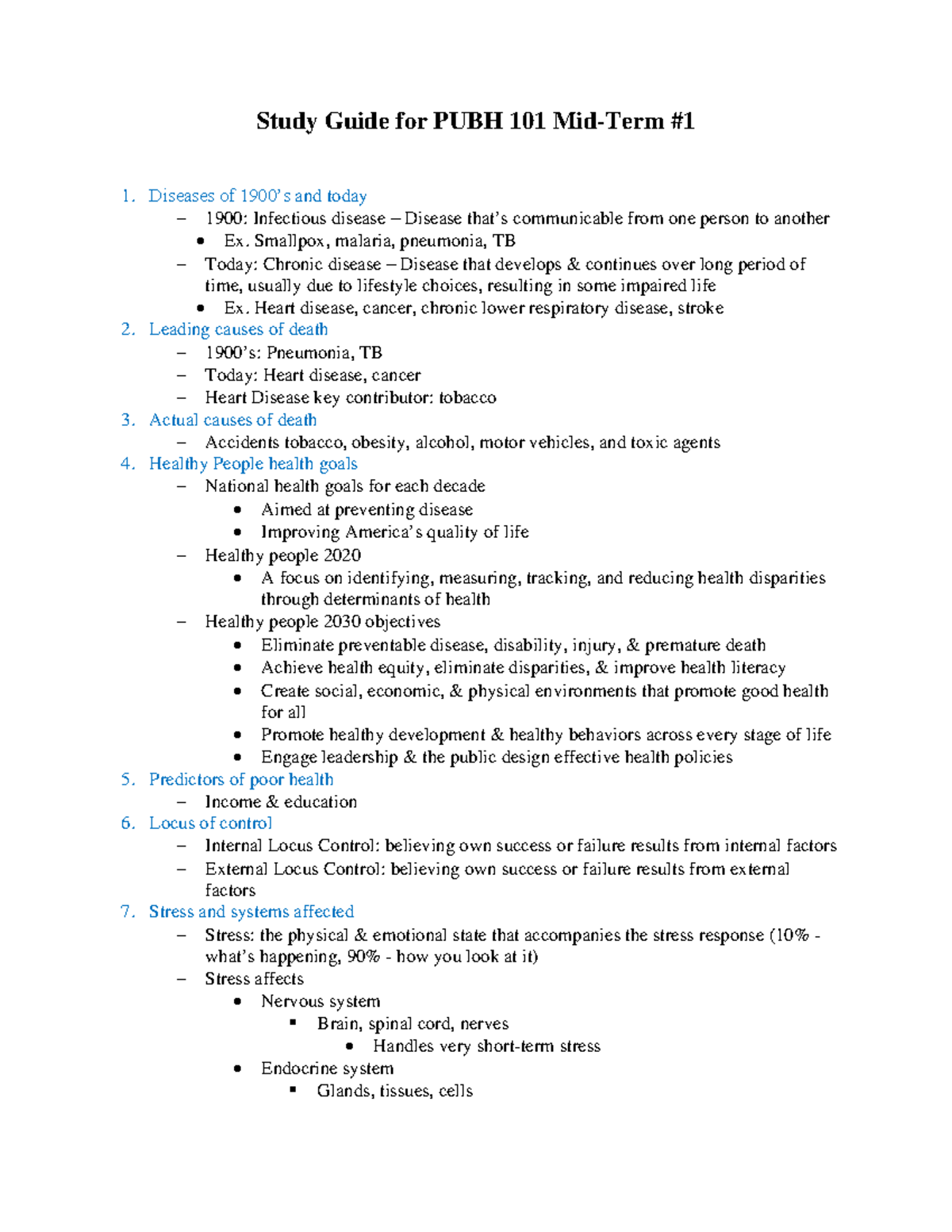 Study Guide for PUBH 101 Mid-Term #1 - Study Guide for PUBH 101 Mid ...
