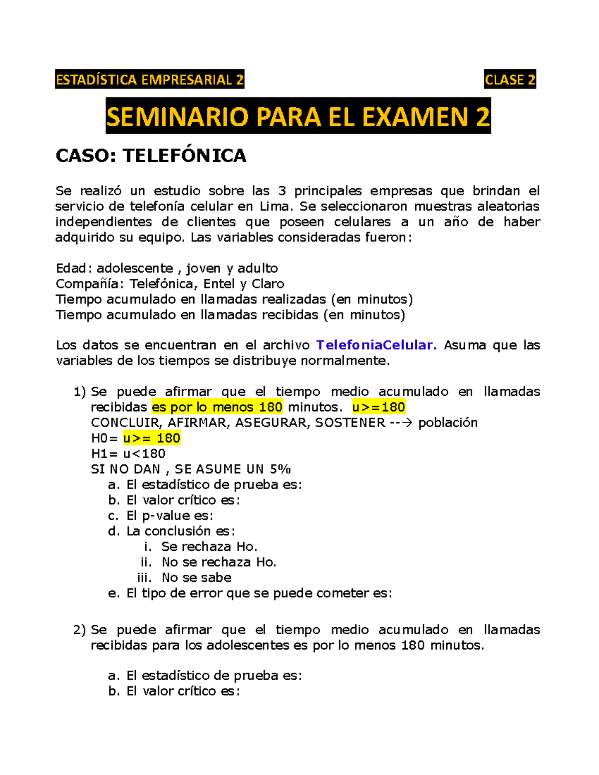 Ejercicios Clase 2 Apuntes Parte 1 Estadística Empresarial 2 Clase