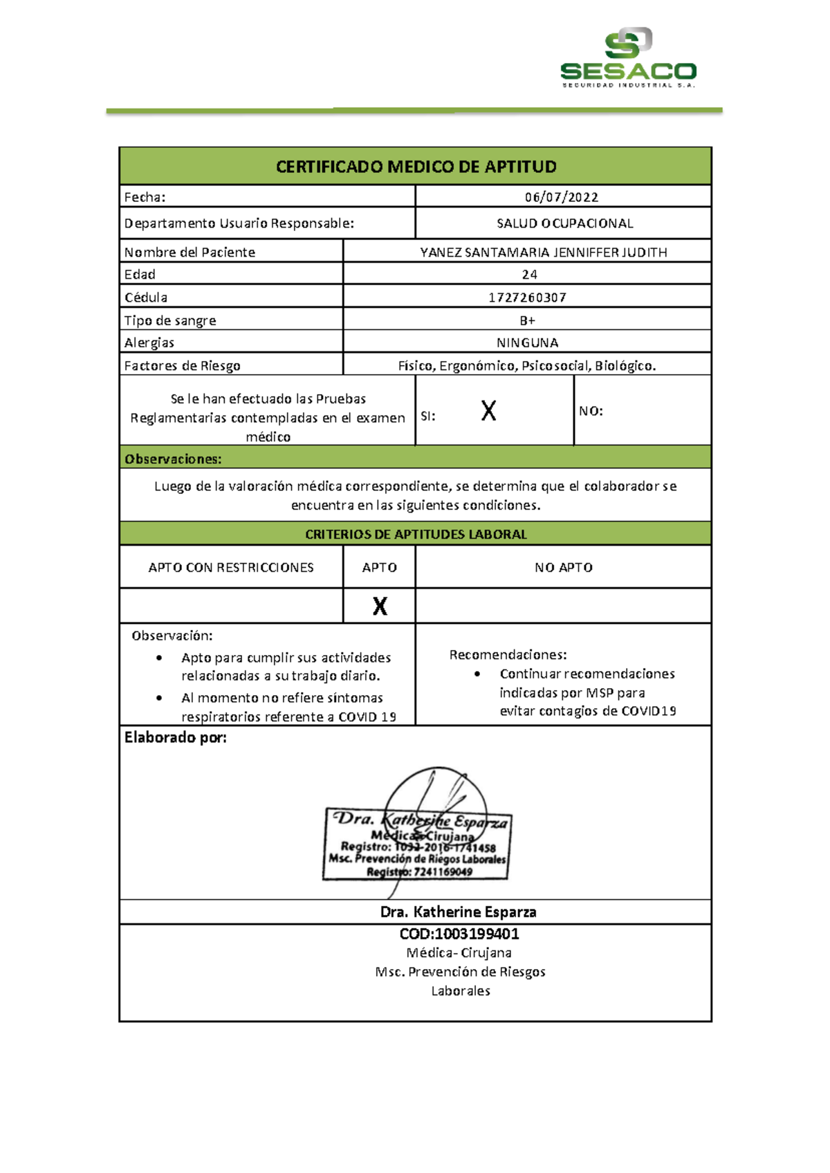 Certificado de aptitud laboral Jenniffer Yanez - CERTIFICADO MEDICO DE ...