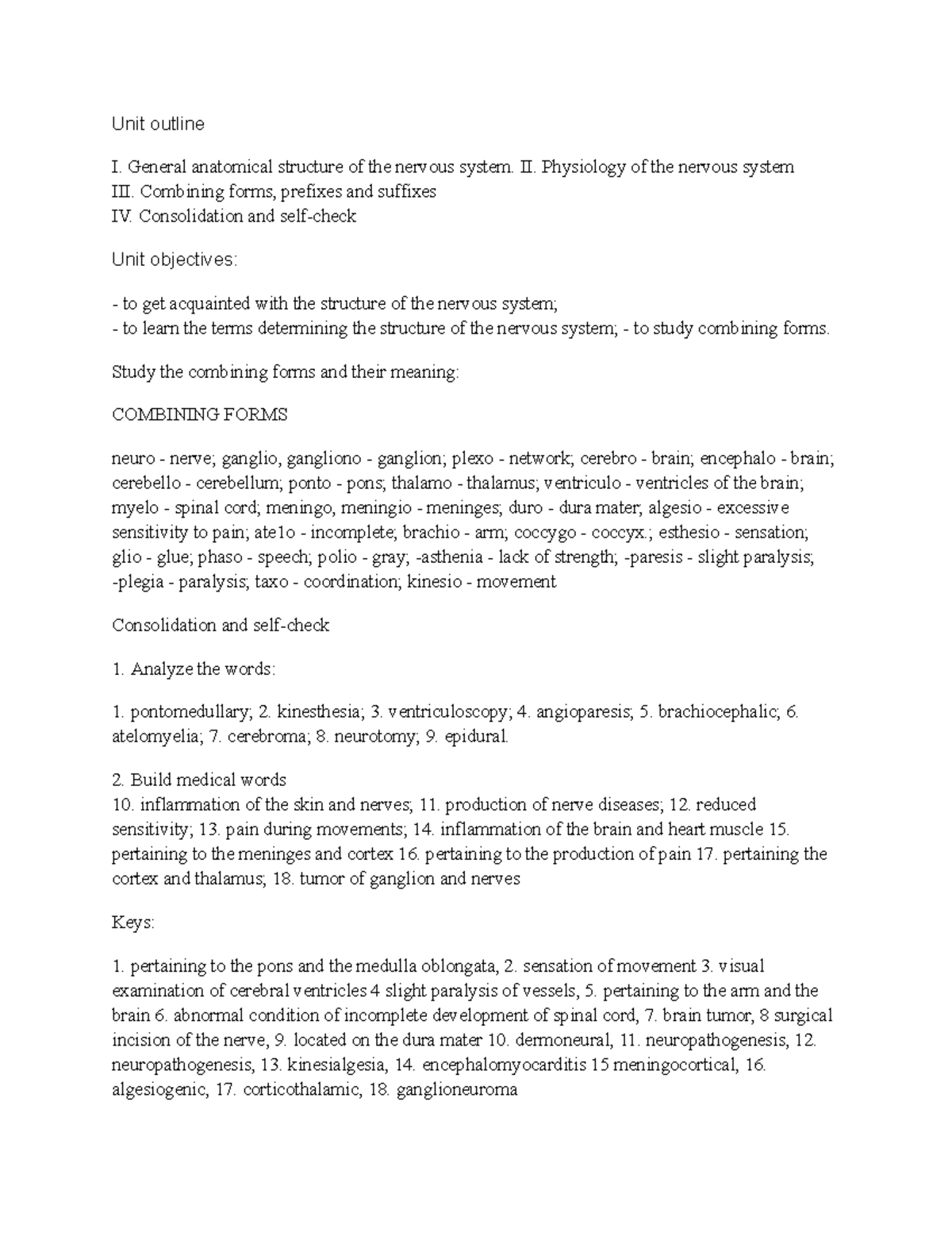 Medical terminology 14 - Unit outline I. General anatomical structure ...