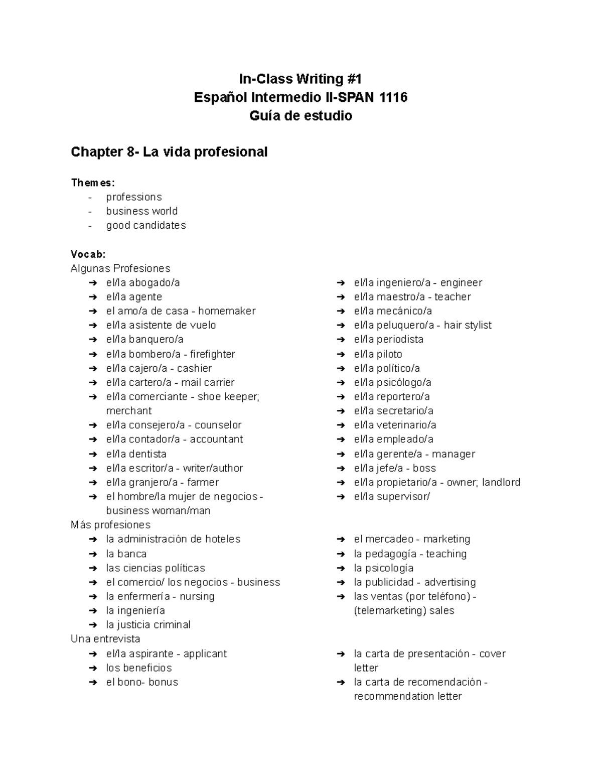 Intermediate Spanish II In-Class Writing #1 Review - In-Class Writing ...