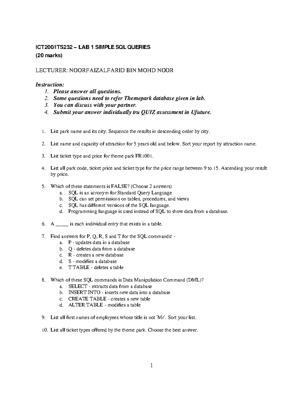 My Sql Exercise 1 1 Ict200 Its232 Lab 1 Simple Sql Queries 20 Marks Lecturer
