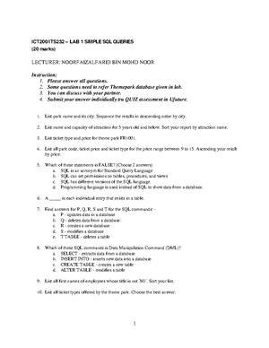 Example SQL Questions - Introduction To Database (ITS232) - EXAMPLE SQL ...