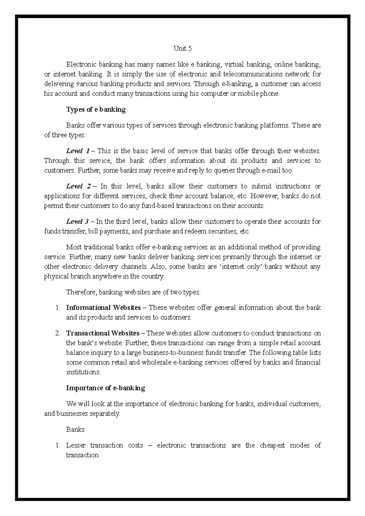 Unit 5 banking law - Notes - Unit 5 Electronic banking has many names ...