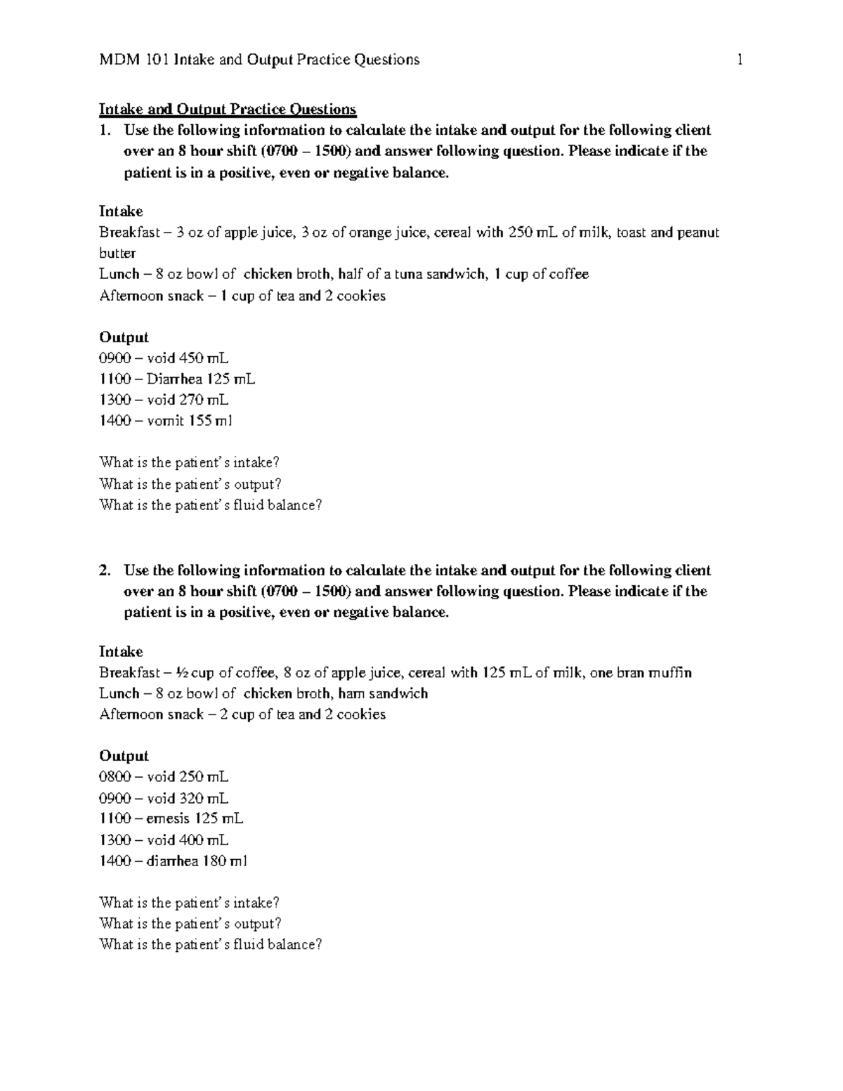 MDM 101 Intake and Output Assignment (Practice Questions) - MDM 101 ...