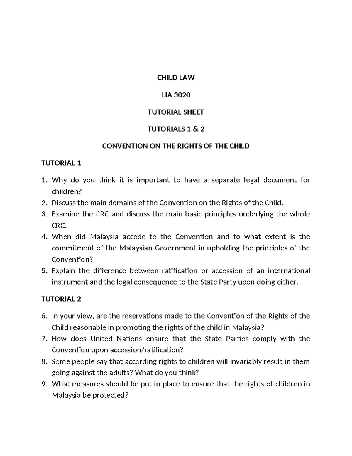 Tutorial Sheet 1 2 Convention on the Rights of the Child - CHILD LAW ...