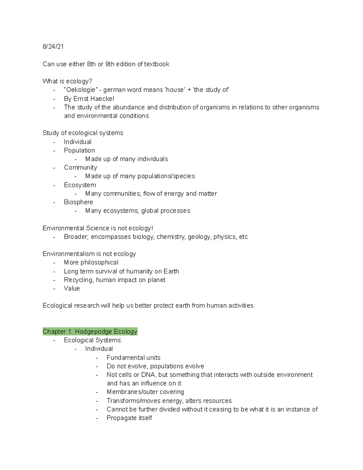 Ecology Notes Exam 1 for Dr. Swerk - 8/24/ Can use either 8th or 9th ...