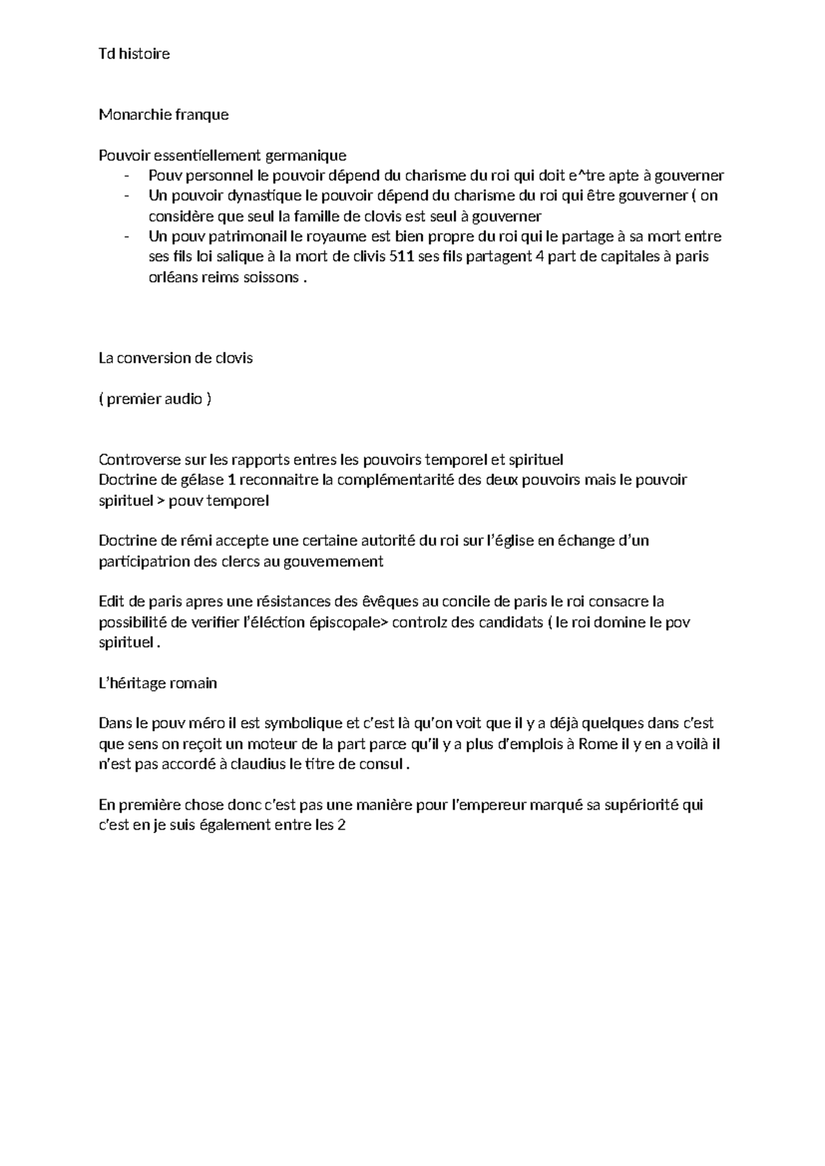 Td histoire - Td histoire Monarchie franque Pouvoir essentiellement ...